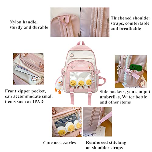 Kawaii Girls Backpack with Pins and Accessories Cute Kids Aesthetic Backpack Teen Bookbags Casual School Bag with Plush Pendant