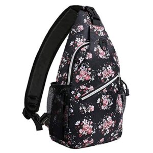 mosiso sling backpack,travel hiking daypack pattern rope crossbody shoulder bag, black base floral