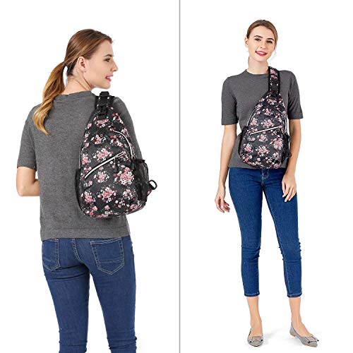 MOSISO Sling Backpack,Travel Hiking Daypack Pattern Rope Crossbody Shoulder Bag, Black Base Floral