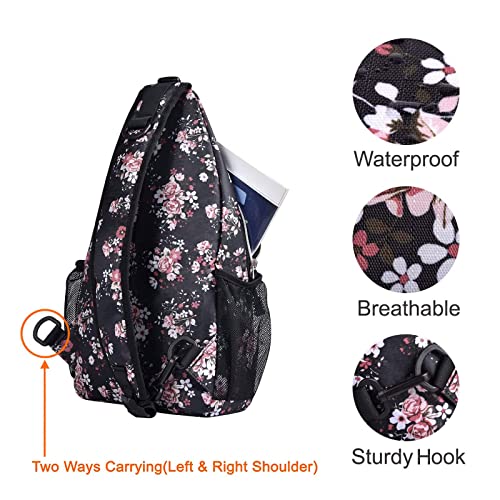 MOSISO Sling Backpack,Travel Hiking Daypack Pattern Rope Crossbody Shoulder Bag, Black Base Floral