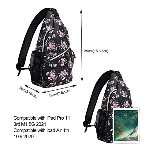 MOSISO Sling Backpack,Travel Hiking Daypack Pattern Rope Crossbody Shoulder Bag, Black Base Floral