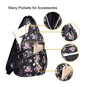 MOSISO Sling Backpack,Travel Hiking Daypack Pattern Rope Crossbody Shoulder Bag, Black Base Floral