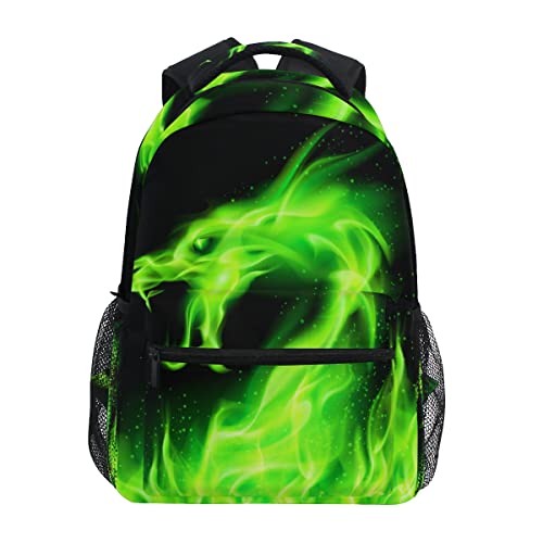 School Backpack Green Fire Dragon Bookbag for Boys Girls Teens Casual Travel Bag Computer Laptop Daypack