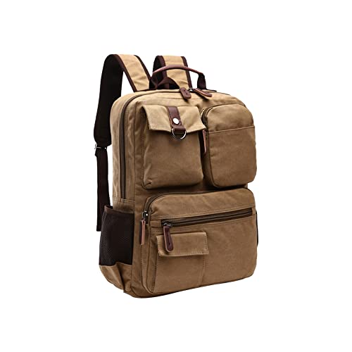 19 Inch Multi-Pocket Canvas Backpack,Men'S Canvas Bag Outdoor Business Travel Backpack Laptop Bag,Khaki,43 * 33 * 10(cm)