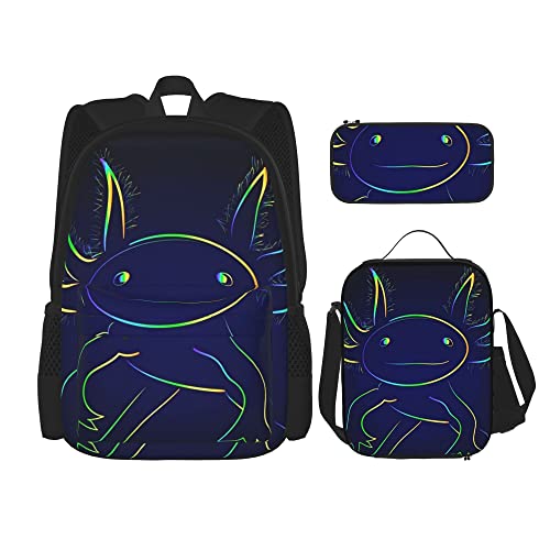 Stylized Rainbow Axolotl Backpack Set for Boys and Girls(School Bag + Pencil Case + Lunchbag Combination) One Size