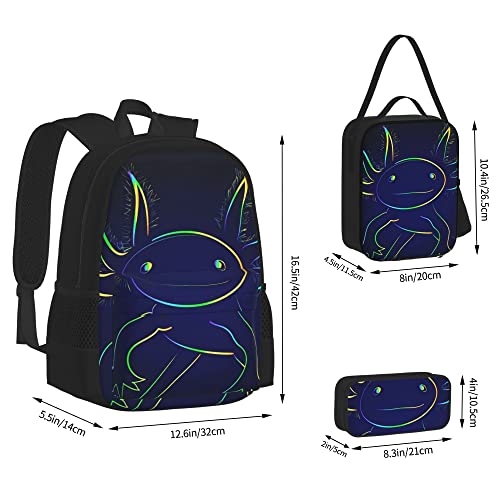 Stylized Rainbow Axolotl Backpack Set for Boys and Girls(School Bag + Pencil Case + Lunchbag Combination) One Size