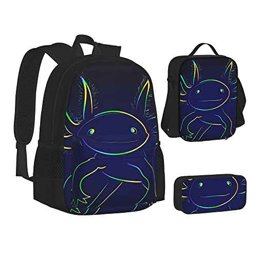 Stylized Rainbow Axolotl Backpack Set for Boys and Girls(School Bag + Pencil Case + Lunchbag Combination) One Size