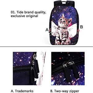 Galaxy Cat Printed School Backpack Lightweight Shoulder Bag for Teen Girls Blue