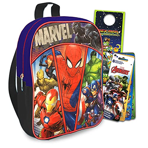 Marvel Shop Super Hero Mini Backpack 3 Pc Bundle With 11 inch Avengers Superhero School Bag For Boys, Toddlers, Kids, Avengers Stickers And More | Marvel School Supplies