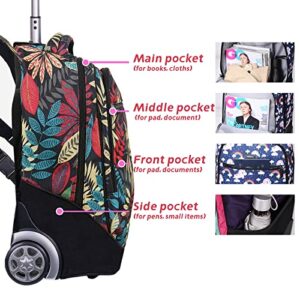 DNSHAN Rolling Backpack for Kids, 18 Inch Girls Wheeled Backpacks for School Travel, Flower