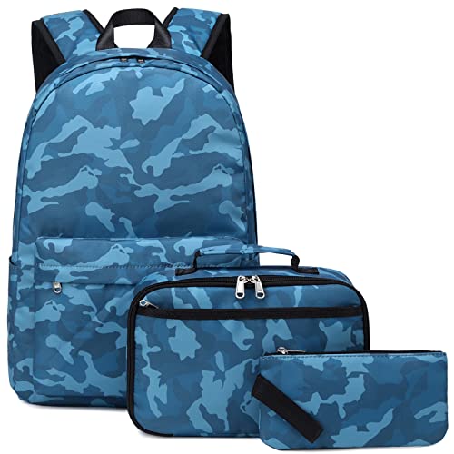 Boys Backpacks for Elementary Middle School Kids Bookbags with Lunch Box Pencil bag Camo Travel Back Pack for Boys (Blue-Camouflage)