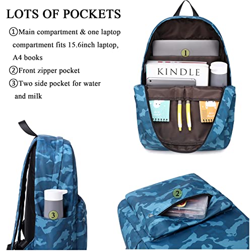 Boys Backpacks for Elementary Middle School Kids Bookbags with Lunch Box Pencil bag Camo Travel Back Pack for Boys (Blue-Camouflage)