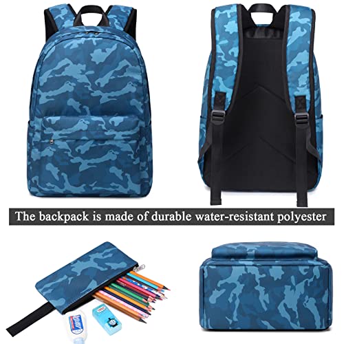 Boys Backpacks for Elementary Middle School Kids Bookbags with Lunch Box Pencil bag Camo Travel Back Pack for Boys (Blue-Camouflage)