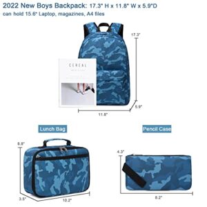 Boys Backpacks for Elementary Middle School Kids Bookbags with Lunch Box Pencil bag Camo Travel Back Pack for Boys (Blue-Camouflage)