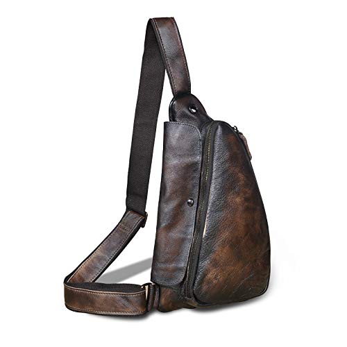 Le'aokuu Mens Fashion Casual Tea Designer Travel Hiking Crossbody Chest Sling Bag Rig One Shoulder Strap Bag For Men Leather