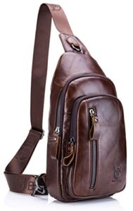 bullcaptain mens sling bag genuine leather chest shoulder backpack crossbody outdoor travel casual daypack (brown), medium