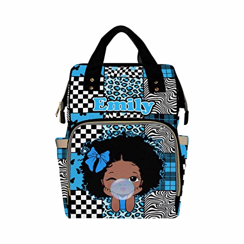 Artsadd Personalized Afro Puff Diaper Bag Backpack with Name, Blue Bubble Gum Plaid Daypack Customized Large Capacity Baby Backpack for Girls Baby Birthday Gifts