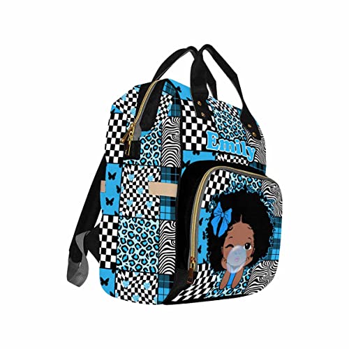 Artsadd Personalized Afro Puff Diaper Bag Backpack with Name, Blue Bubble Gum Plaid Daypack Customized Large Capacity Baby Backpack for Girls Baby Birthday Gifts