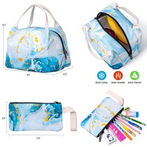 SHEEYEE Teen Girls School Backpack with Matching Lunch Box Pencil Case Marble Bookbag Laptop for Middle School (Blue-White)