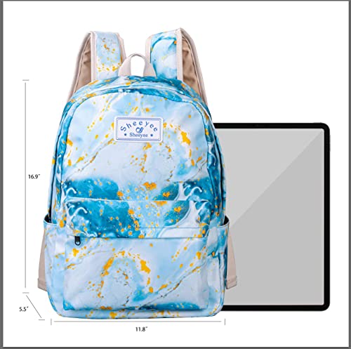 SHEEYEE Teen Girls School Backpack with Matching Lunch Box Pencil Case Marble Bookbag Laptop for Middle School (Blue-White)