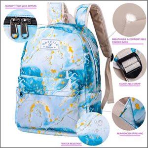 SHEEYEE Teen Girls School Backpack with Matching Lunch Box Pencil Case Marble Bookbag Laptop for Middle School (Blue-White)