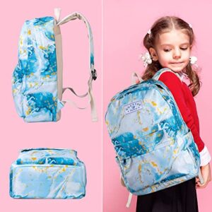 SHEEYEE Teen Girls School Backpack with Matching Lunch Box Pencil Case Marble Bookbag Laptop for Middle School (Blue-White)