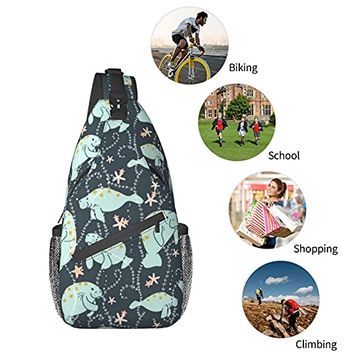 AMRANDOM Fashion Sling Backpack Lightweight Crossbody Shoulder Bag Manatee Animals, Outdoor Chest Daypack with Adjustable Strap for Cycling Gym Hiking, One Size