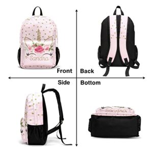 Personalized Name Teen School Backpack, Glitter Floral Unicorn Bookbag Set with Insulated Lunch Tote Pencil Case Travel Bag