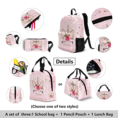 Personalized Name Teen School Backpack, Glitter Floral Unicorn Bookbag Set with Insulated Lunch Tote Pencil Case Travel Bag