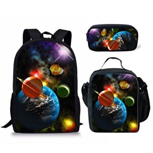 uniceu 3 pieces set cosmic planet galaxy backpack+insulated lunch box+pencil bag for kids back to school