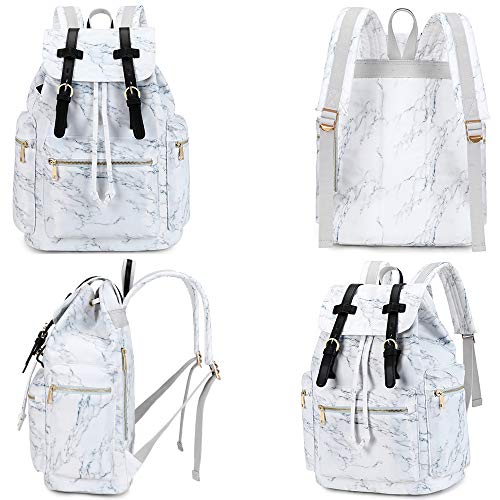 Travel Laptop Backpack for Women and Mens School College Bookbag for Notebook with Trolley Sleeve on Suitcase (Marble white)