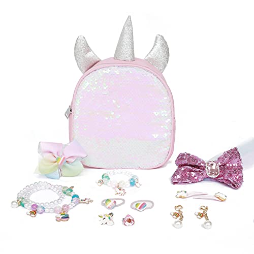 B&Y 12 PCS Unicorn Backpack girls Gifts Jewelry/Necklace/Bracelet/Earring/Hair Clips Toys 3 4 5 Year Old Girl Birthday Gift(Pink)