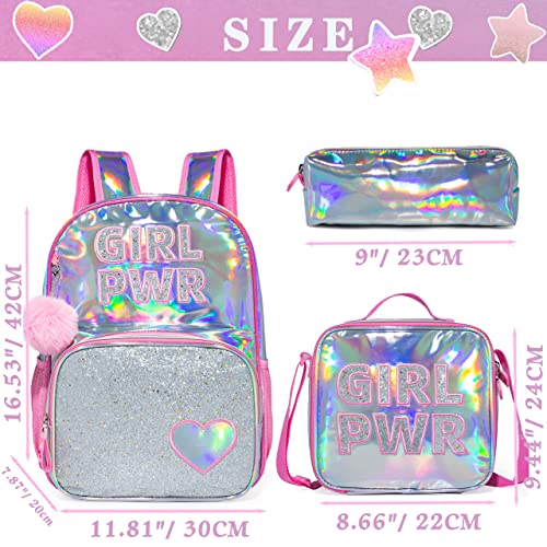 HTgroce Pink Girls Backpack with Lunch Box PWR Preschool Backpack School Bag with Lunch Box Sequin Girls Backpack Set for Elementary Preschool Bookbag Pink