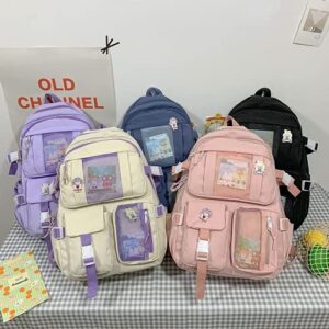 Kawaii Backpack with Bear Pendant, Aesthetic Canvas Students Schoolbag Shoulder Tote Bag Casual Daypack Back to School (Pink)