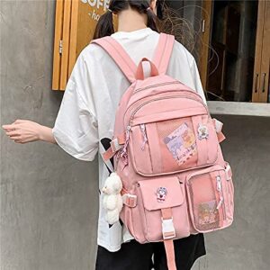 Kawaii Backpack with Bear Pendant, Aesthetic Canvas Students Schoolbag Shoulder Tote Bag Casual Daypack Back to School (Pink)