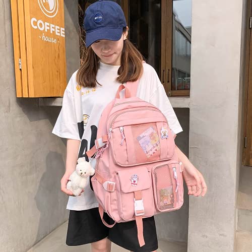 Kawaii Backpack with Bear Pendant, Aesthetic Canvas Students Schoolbag Shoulder Tote Bag Casual Daypack Back to School (Pink)