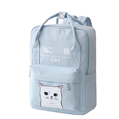 Women Girls Japanese And Korean Style Bags Kawaii Cat Canvas School Backpack (Blue) One Size