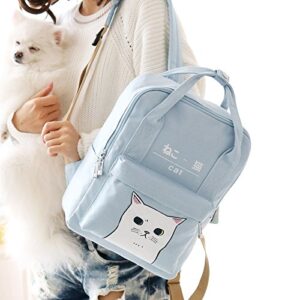 Women Girls Japanese And Korean Style Bags Kawaii Cat Canvas School Backpack (Blue) One Size