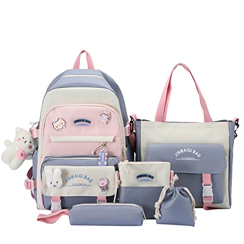 LaurelTree Kawaii Aesthetic Cute 5pcs School Bags Set with Accessories School Suppliers for Teens Girls Backpack Tote Bag (Blue)