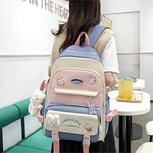 LaurelTree Kawaii Aesthetic Cute 5pcs School Bags Set with Accessories School Suppliers for Teens Girls Backpack Tote Bag (Blue)