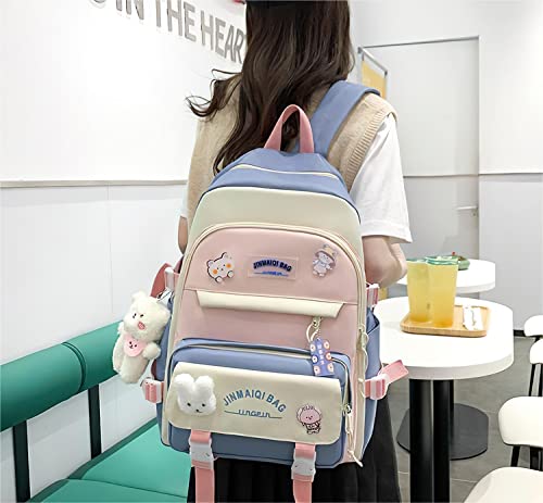 LaurelTree Kawaii Aesthetic Cute 5pcs School Bags Set with Accessories School Suppliers for Teens Girls Backpack Tote Bag (Blue)