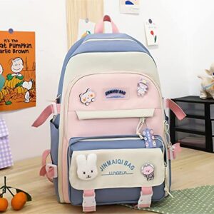 LaurelTree Kawaii Aesthetic Cute 5pcs School Bags Set with Accessories School Suppliers for Teens Girls Backpack Tote Bag (Blue)