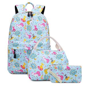 abshoo lightweight cute unicorn backpacks for school kids girls backpack with lunch bag (set unicorn and fox blue)