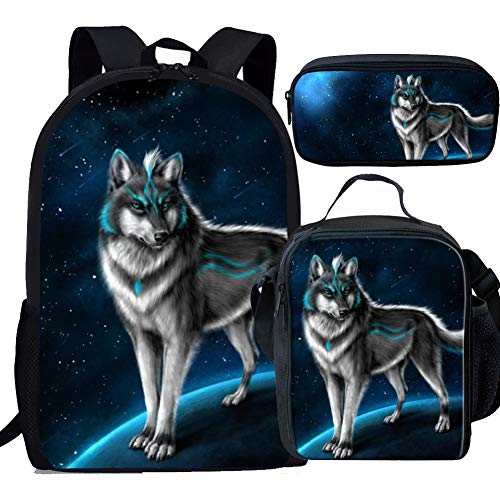 Beauty Collector Elementary School Backpack Set Wolf on Moon Bookbag with Lunch Bags and Pencil Case for Kids Girls Boys Teens