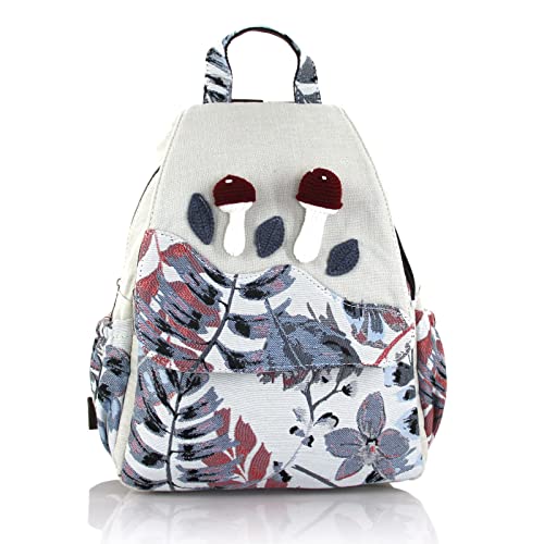 Mushroom Mini Cotton Backpack for Women Hippie Boho Handmade Canvas Embroidery Purse with Multi Pocket for Adults Teens