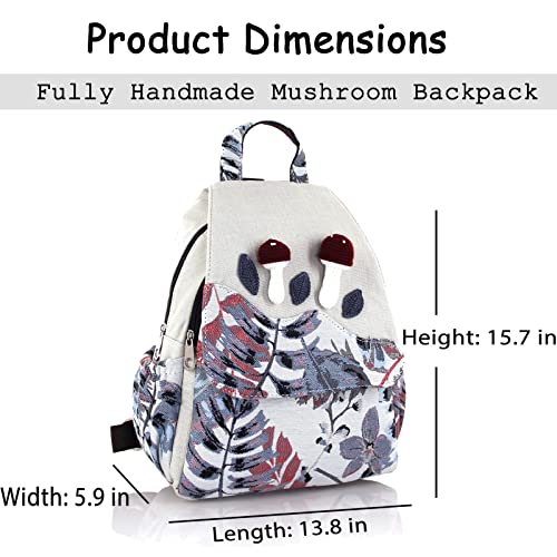 Mushroom Mini Cotton Backpack for Women Hippie Boho Handmade Canvas Embroidery Purse with Multi Pocket for Adults Teens