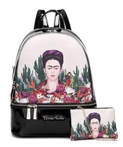 frida kahlo cactus licensed faux leather large backpack (black)