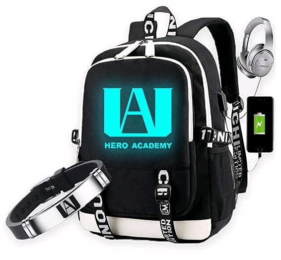 MCDREAMUSA Academia Backpack Shoulder Bag with USB Charging Port & Gift Bracelet Anime School Bookbag Laptop Backpack Daypack