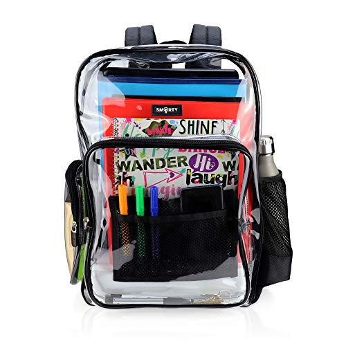 SMARTY Large Heavy Duty Clear Backpack V5.5 Durable Transparent See Through Bag (Black, Front Mesh Organizer)