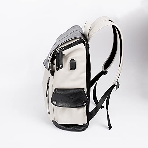 HUANGGUOSHU Women Travel Laptop Backpack Men's Business leather Casual Multipurpose Backpack School Bag With USB Charging Port (Off White)